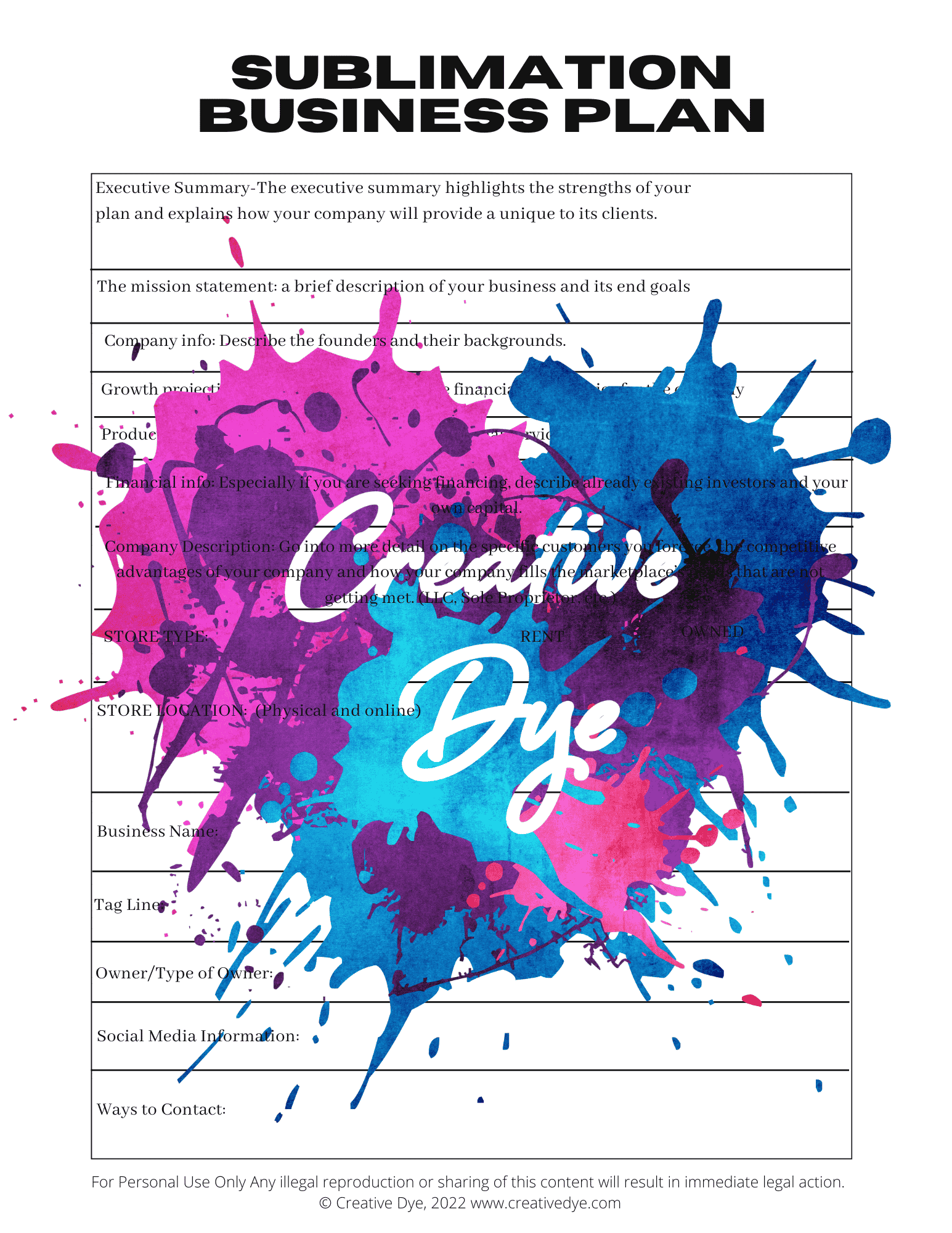 Sublimation Printing Business Plan | Creative Dye